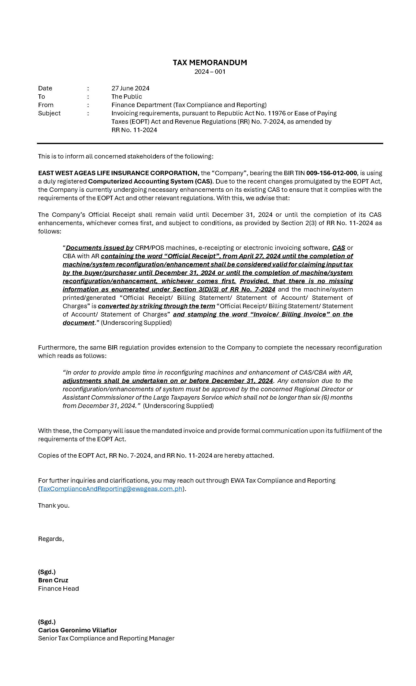 Tax Memorandum 2024-001, Invoicing requirements, 2024 June 27